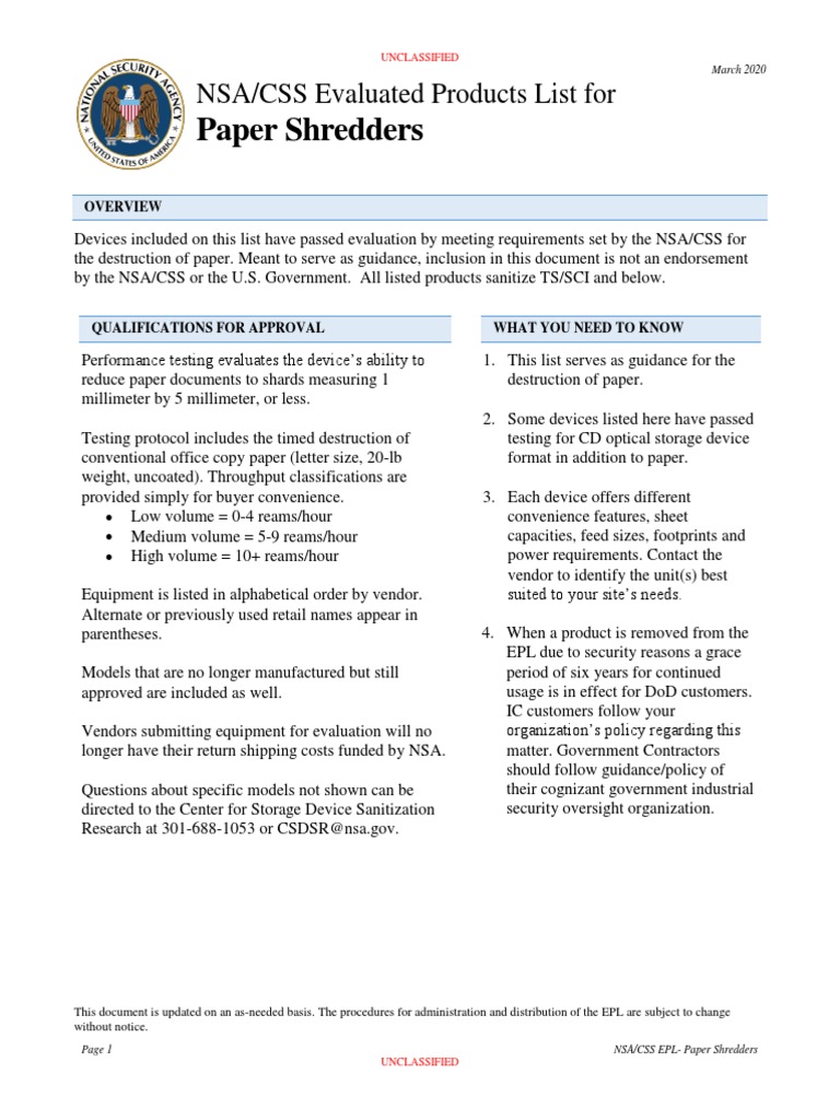 NSA/CSS Evaluated Paper Shredders List | PDF | National Security Agency ...