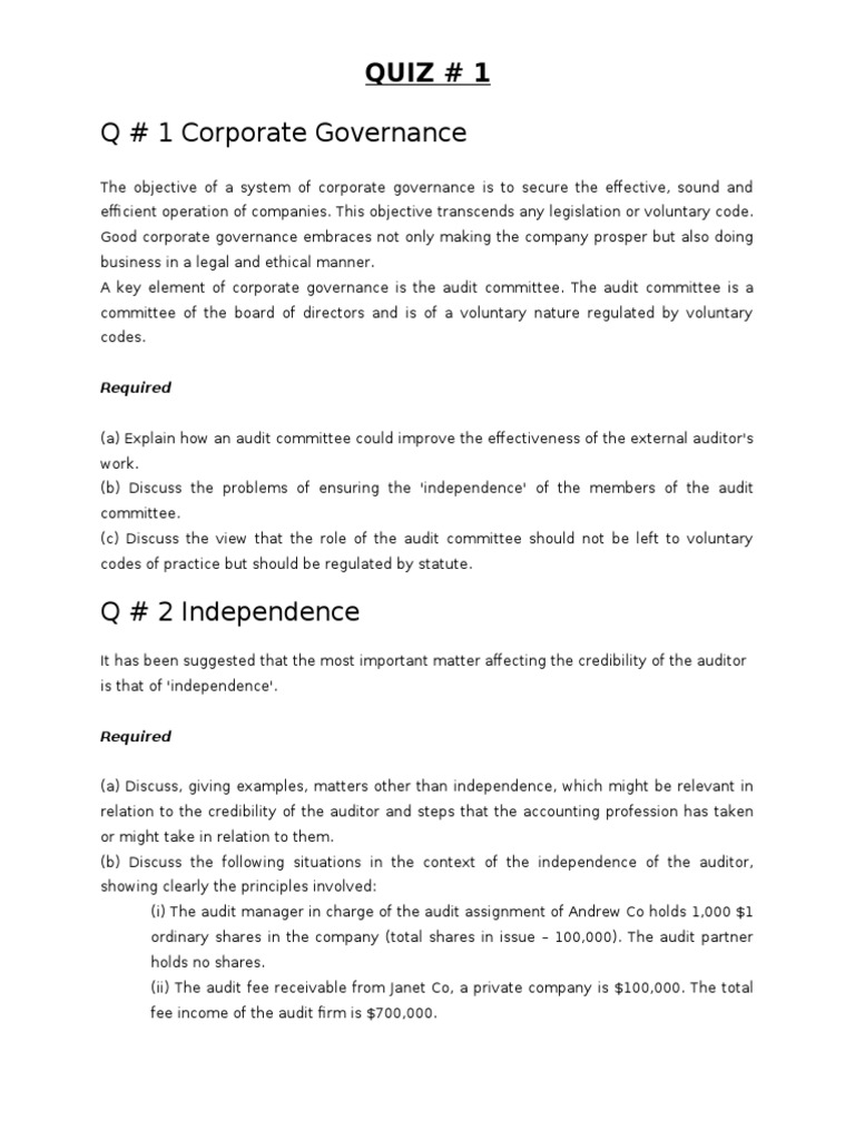 Q # 1 Corporate Governance: Quiz # 1 | PDF
