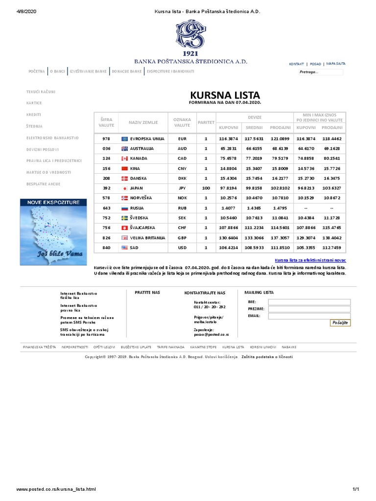 Kursna Lista - Banka Poštanska Štedionica A.D | PDF