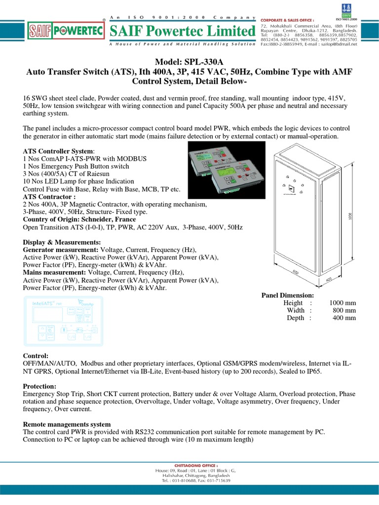 Model: SPL-330A Auto Transfer Switch (ATS), Ith 400A, 3P, 415 VAC, 50Hz ...