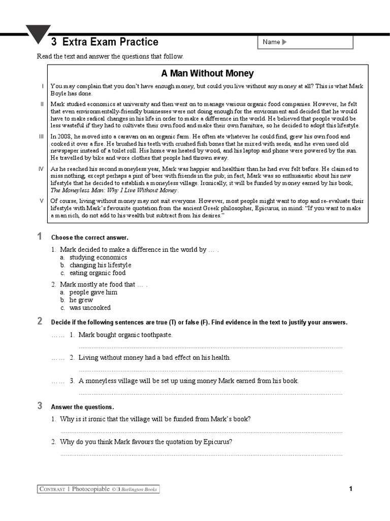 3 Extra Exam Practice: A Man Without Money | PDF