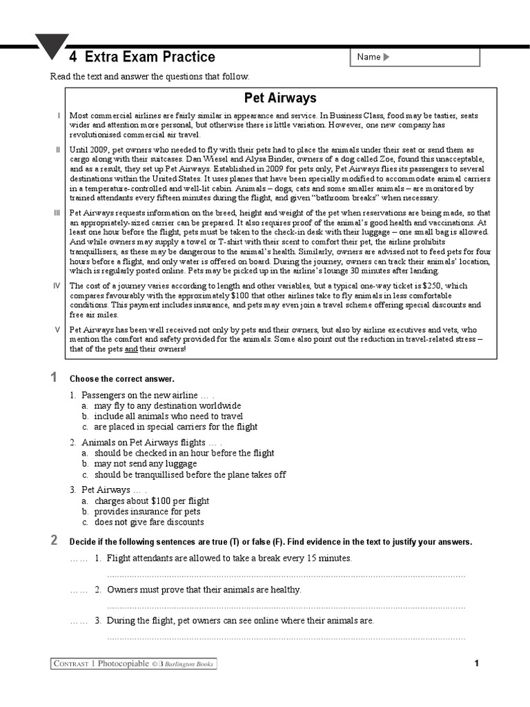 4 Extra Exam Practice: Pet Airways | PDF | Airlines | Business Class