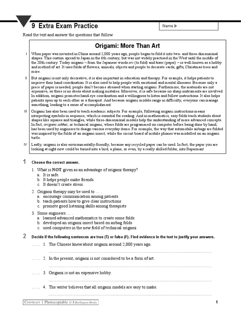9 Extra Exam Practice: Origami: More Than Art | PDF | Origami | Learning