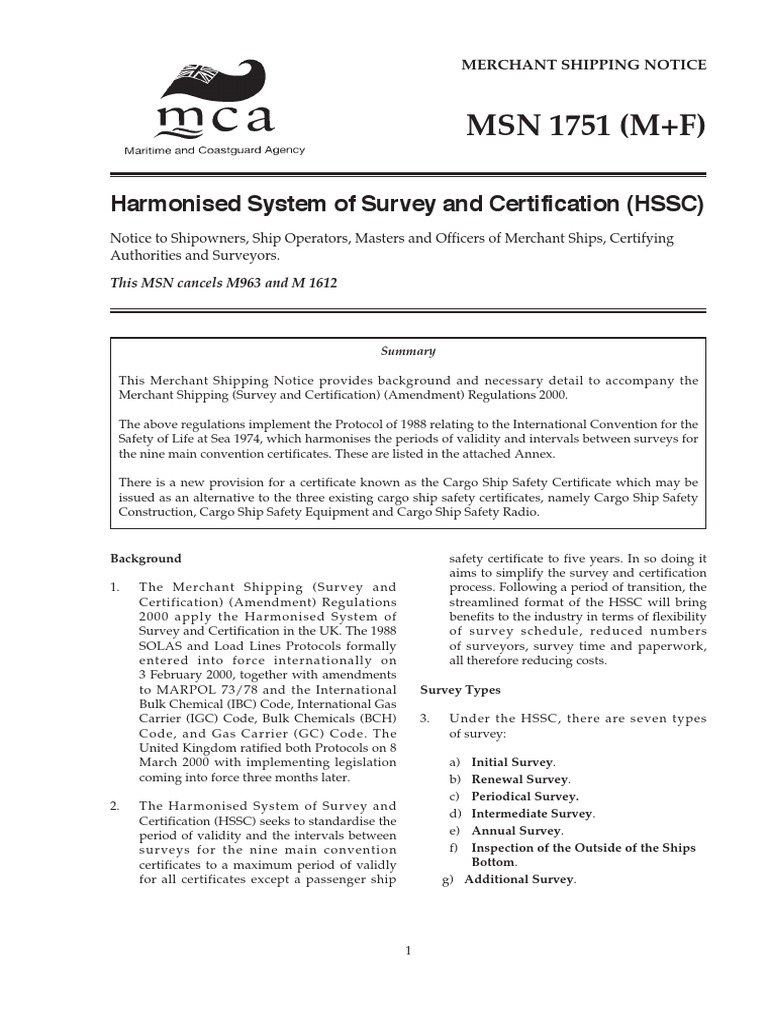 MSN 1751 (M+F) : Harmonised System of Survey and Certification (HSSC) | PDF | Ships | Transport
