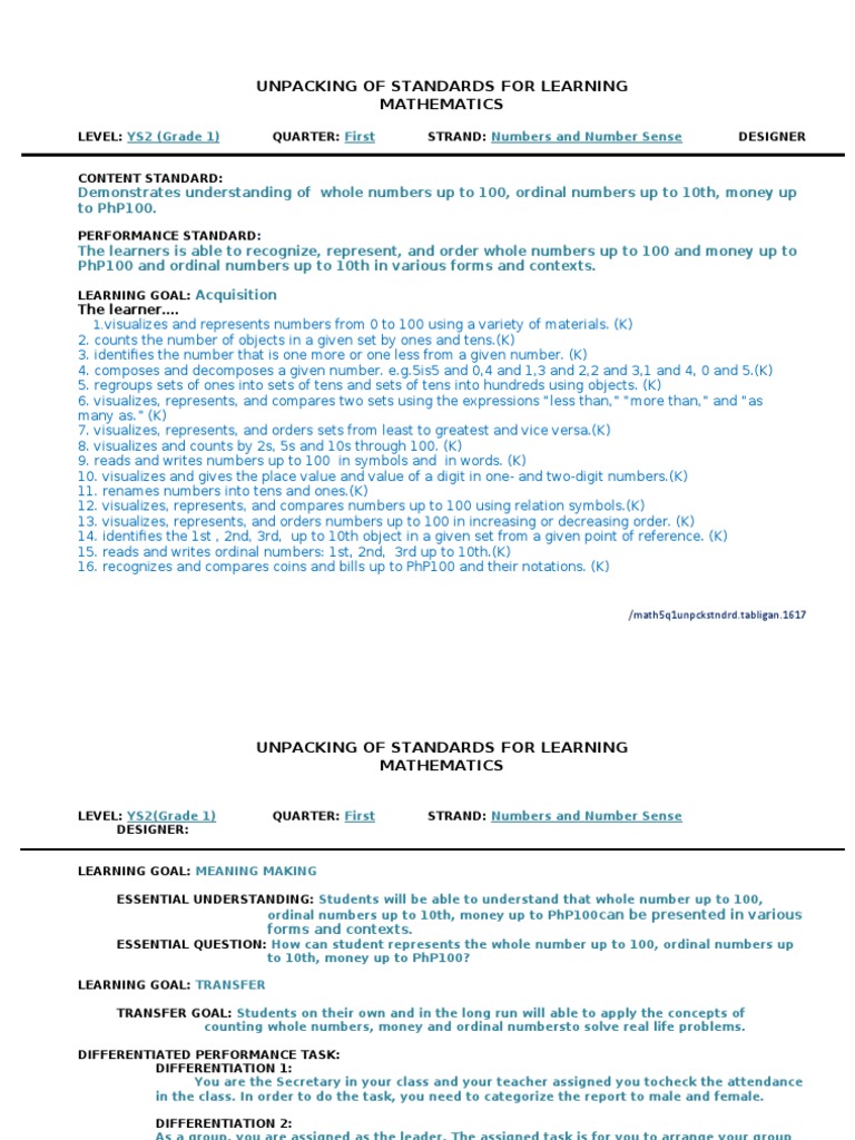 Math Standards Unpacking | PDF | Natural Number | Numbers