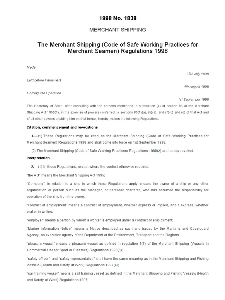 Code of Safe Working Practices For Merchant Seamen Regul 1998 - 1838 ...