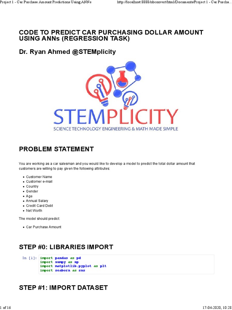 Code To Predict Car Purchasing Dollar Amount Using Anns (Regression ...