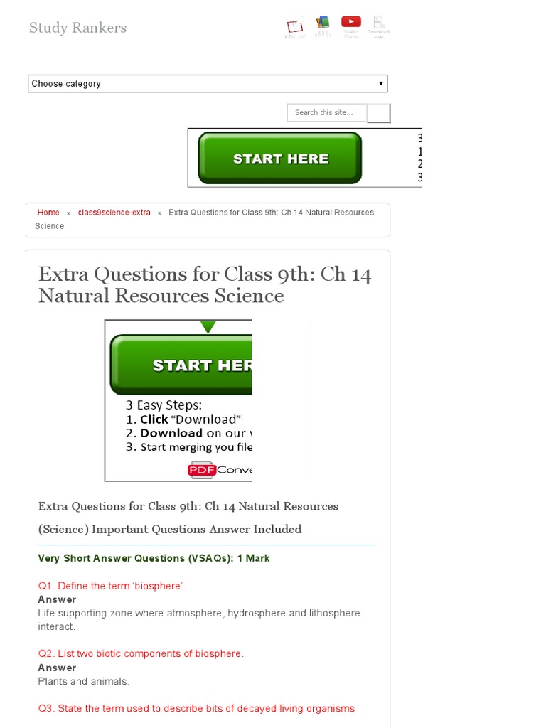 Extra Questions For Class 9th - CH 14 Natural Resources Science Study ...