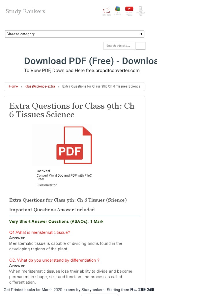 Extra Questions For Class 9th - CH 6 Tissues Science Study Rankers PDF ...