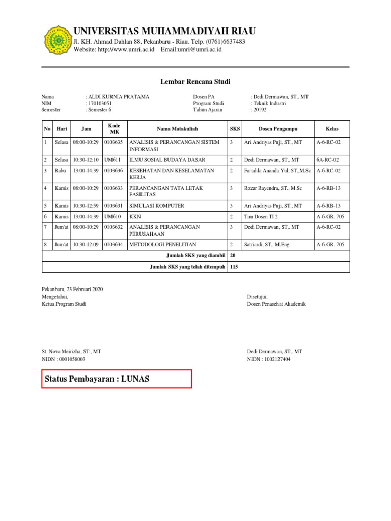 Lembar Rencana Studi Aldi Kurnia Pratama | PDF