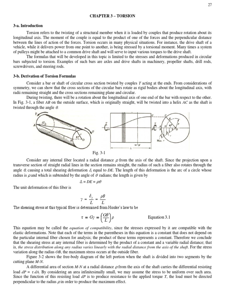 Chapter 3 - Torsion 3-A. Introduction: From The Axis of The Shaft. Since The Projection Upon A ...