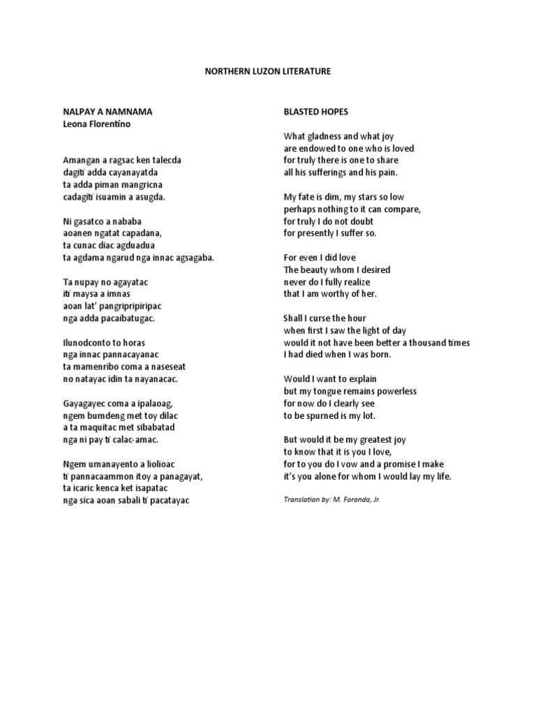 Northern Luzon Literature: Translation by: M. Foronda, Jr