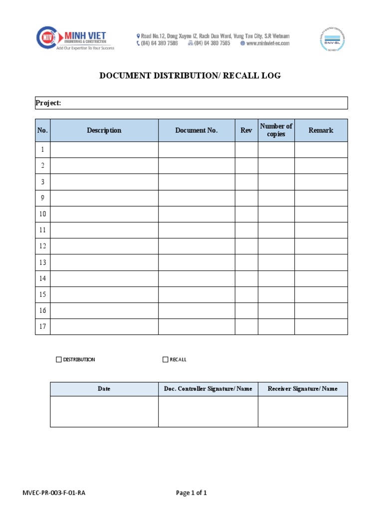 01.MVEC-PR-003-F-01-RA - Document Distribution - Recall Log | PDF