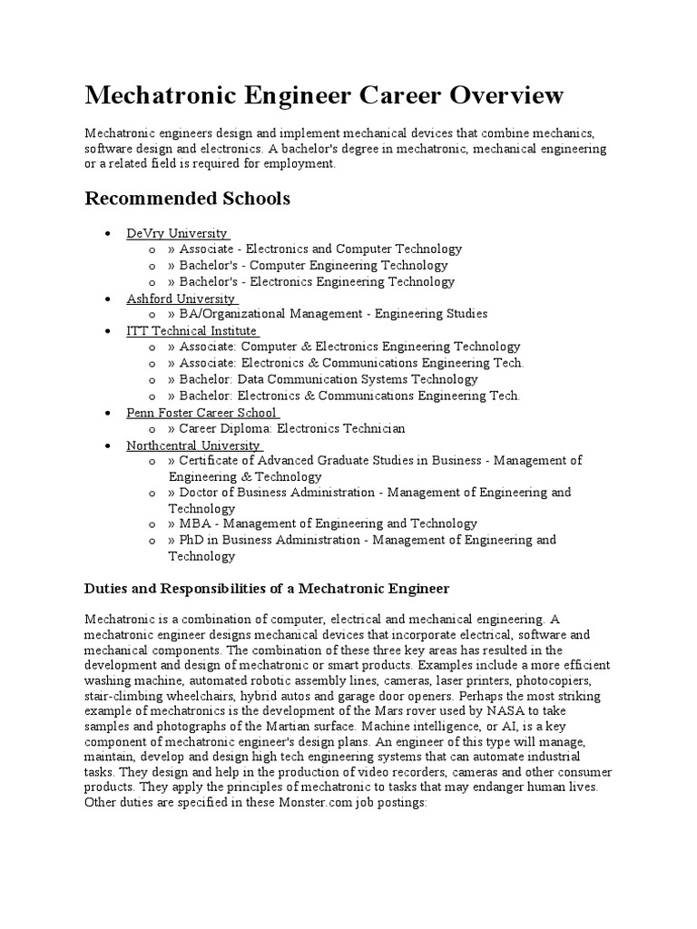 Mechatronic Engineer Career Guide | PDF | Physical Therapy | Engineering