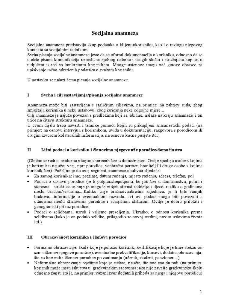 Socijalna Anamneza - Uputstvo Za Pisanje | PDF