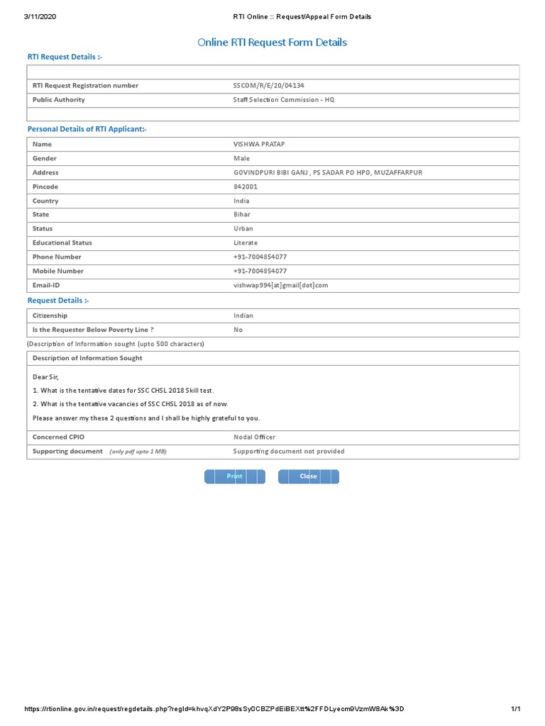 RTI Online - Request - Appeal Form Details | PDF
