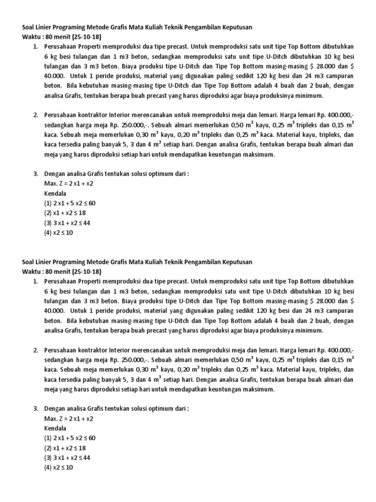 Soal Linier Programing Metode Grafis Mata Kuliah Teknik Pengambilan Keputusan | PDF