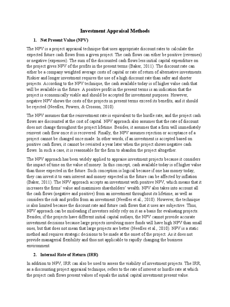 Investment Appraisal Methods | PDF | Net Present Value | Internal Rate ...
