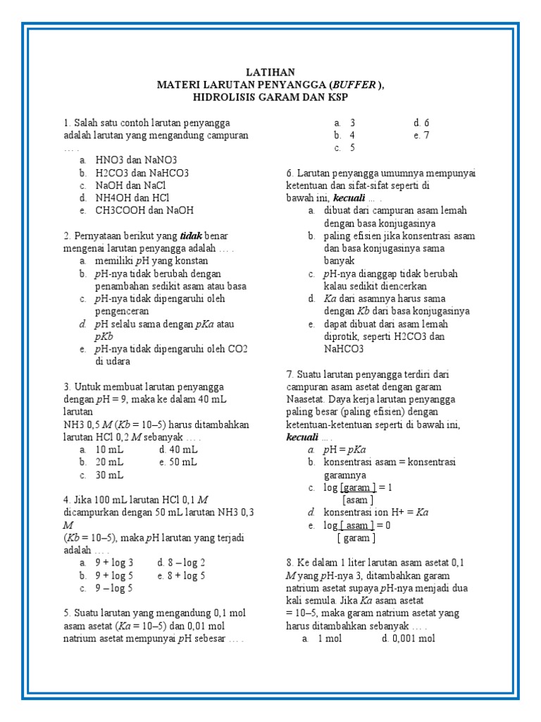 Latihan Soal Kimia Larutan Penyangga (Buffer), Hidrolisis Garam, KSP | PDF