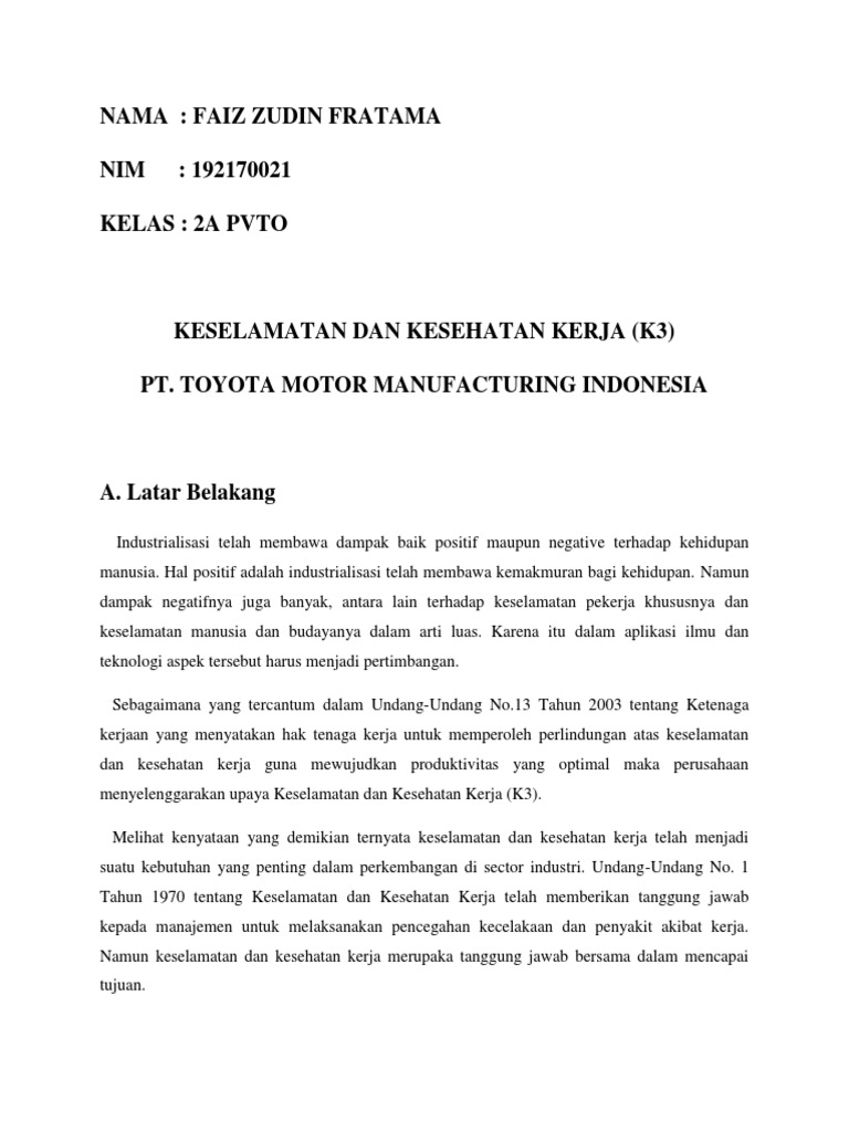 Paper K3 Di Toyota Faiz Zudin Fratama 192170021 | PDF