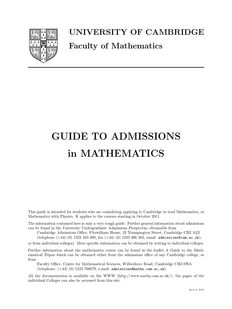 Guide To Admissions in Mathematics: University of Cambridge Faculty of ...