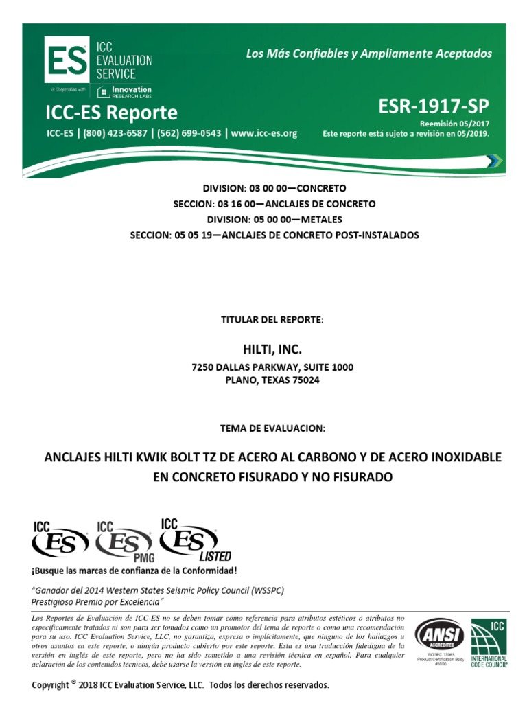 ICC-ESR 1917 para Anclaje de Expansión KB-TZ PDF | PDF | Hormigón | Acero