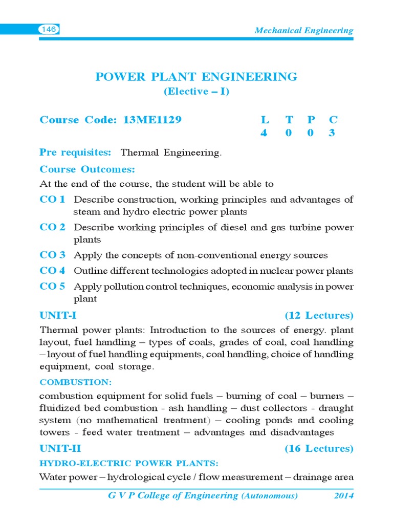 Power Plant Engineering: Course Code: 13ME1129 L TPC 4 0 0 3 | PDF ...