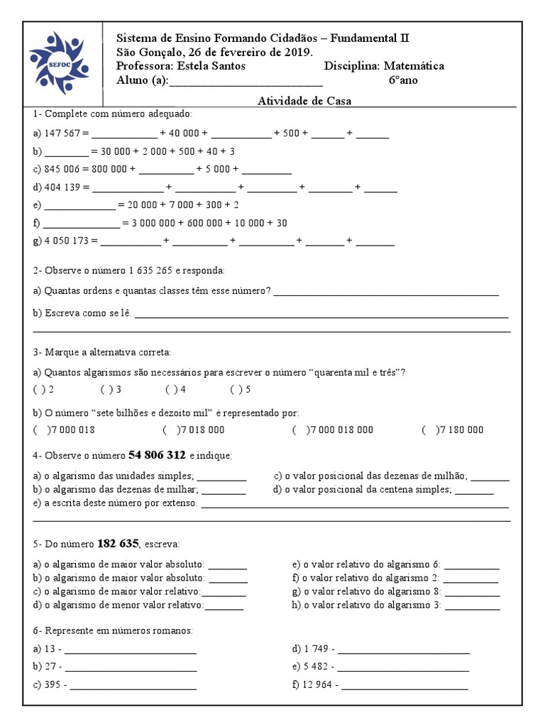 Atividades de Antecessor e Sucessor 6º Ano | PDF | Notação | Notação ...