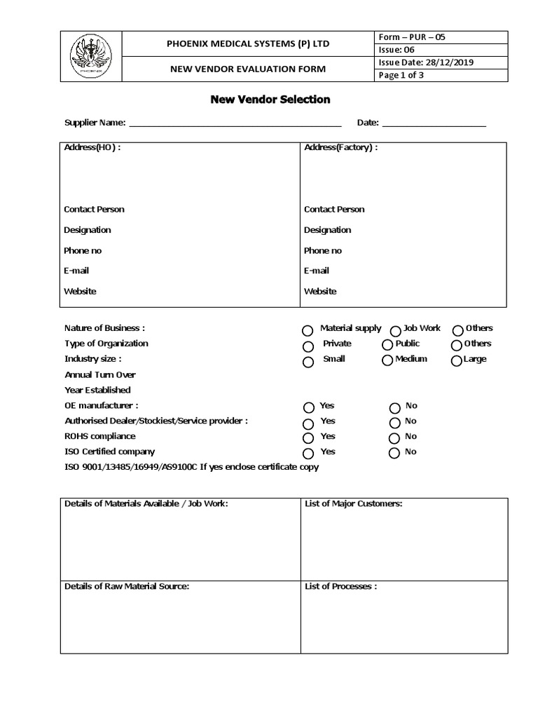 Research Form - PUR - 05 - New - Vendor - Evaluation - Issue - 06 ...