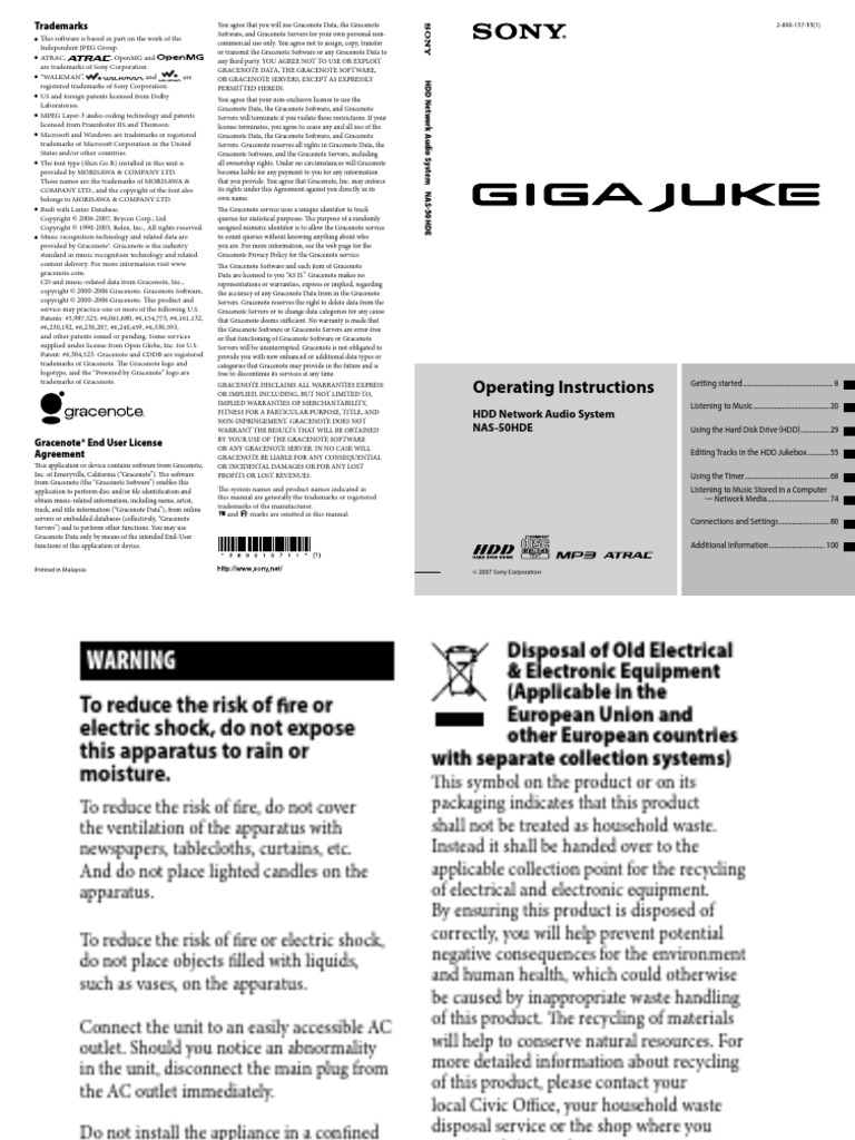 Sony Micro Hi Fi System With Giga Juke Hard Drive NAS 50HDE User Manual ...