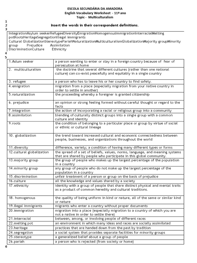 Multicultural Vocabulary for Students | PDF | Immigration ...