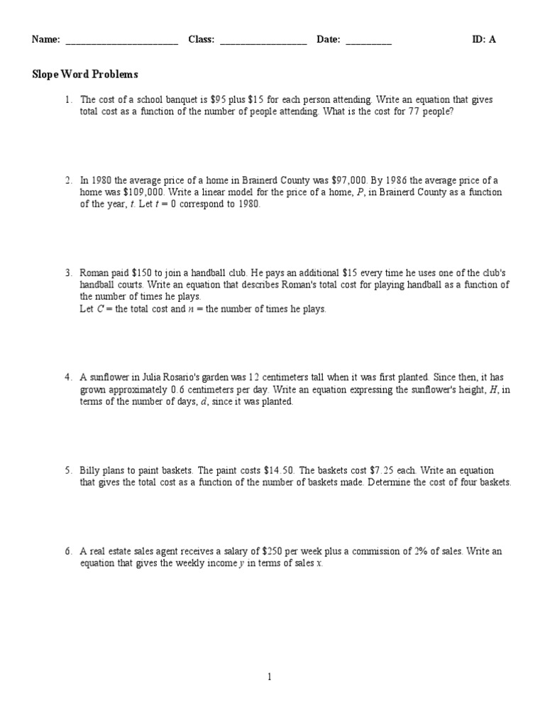 Slope Word Problems Worksheet | PDF | Teaching Mathematics | Business