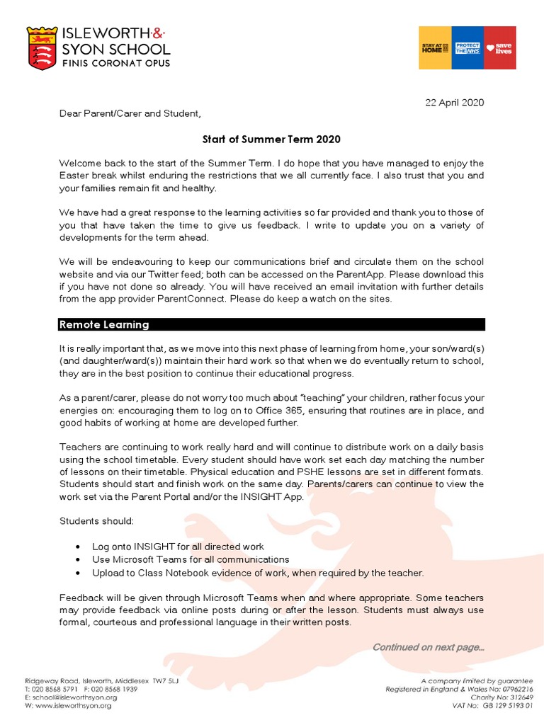 2020-04-22 Start of Summer Term 2020 | PDF | Caregiver | Teachers