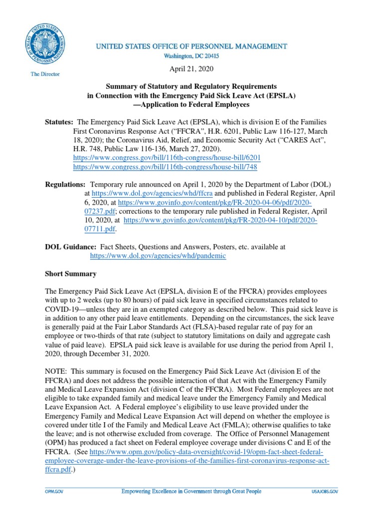 OPM Summary of Emergency Paid Sick Leave Act | Sick Leave | United ...
