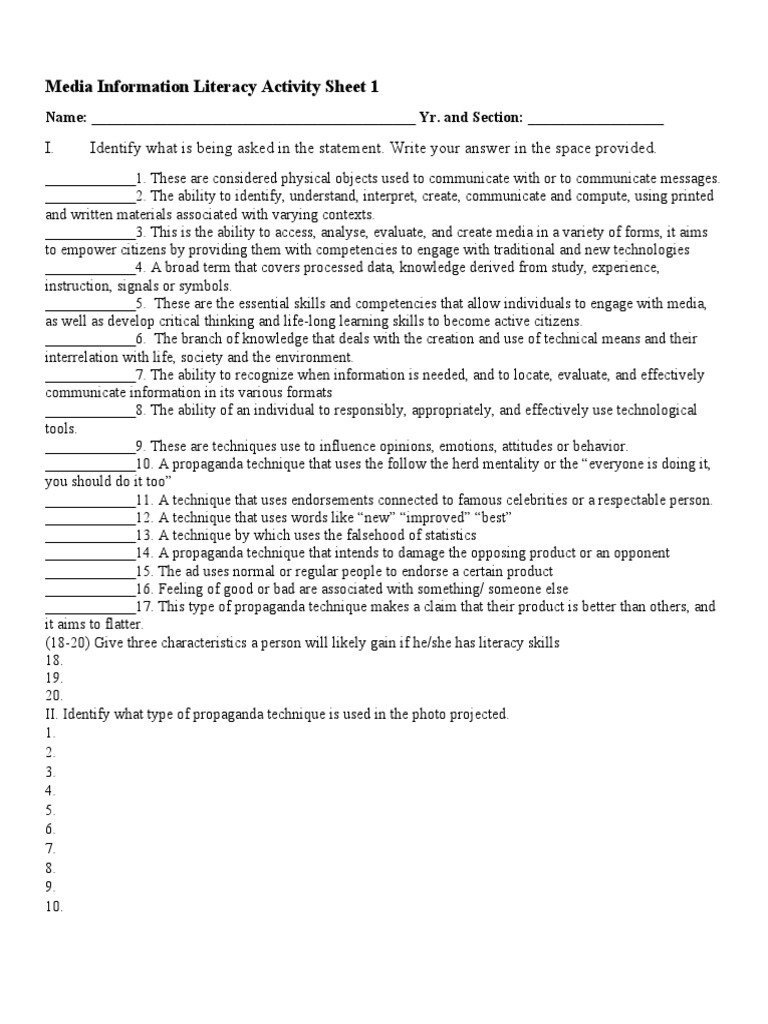 Media Information Literacy Activity Sheet 1 | PDF | Information ...