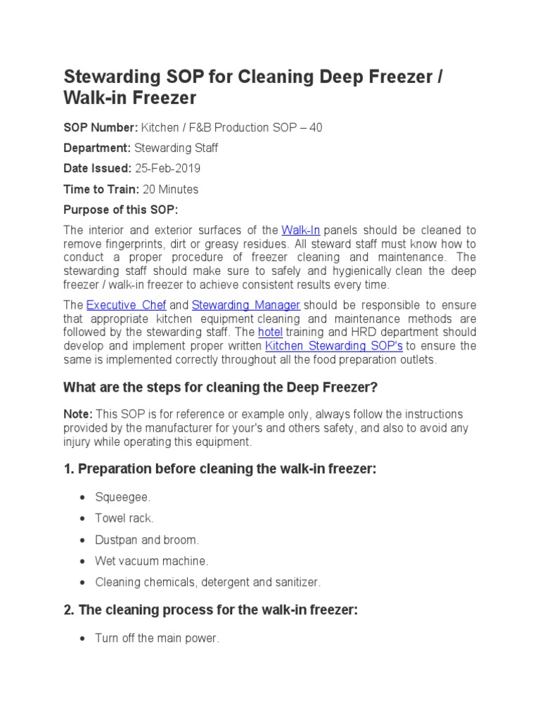Stewarding SOP For Cleaning Deep Freezer | PDF | Dishwasher | Refrigerator