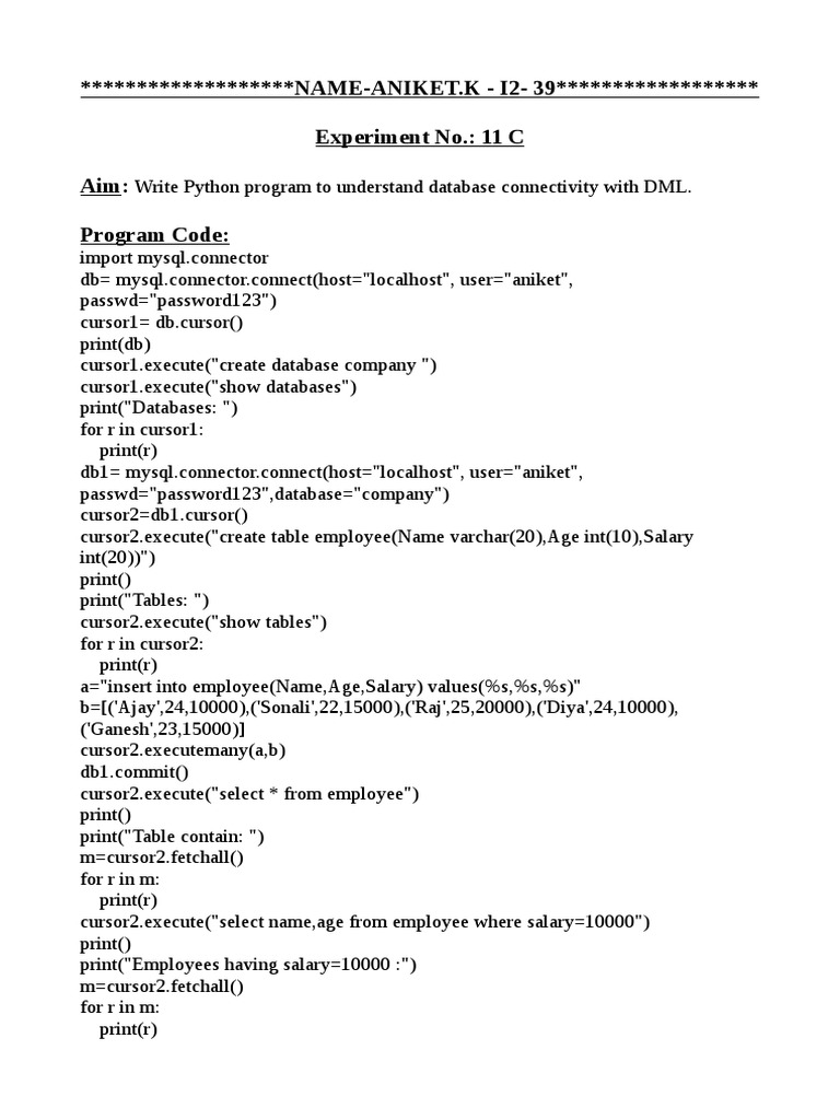 NAME-ANIKET.K - I2-39 Experiment No.: 11 C Aim: Program Code | PDF | Computer Programming ...