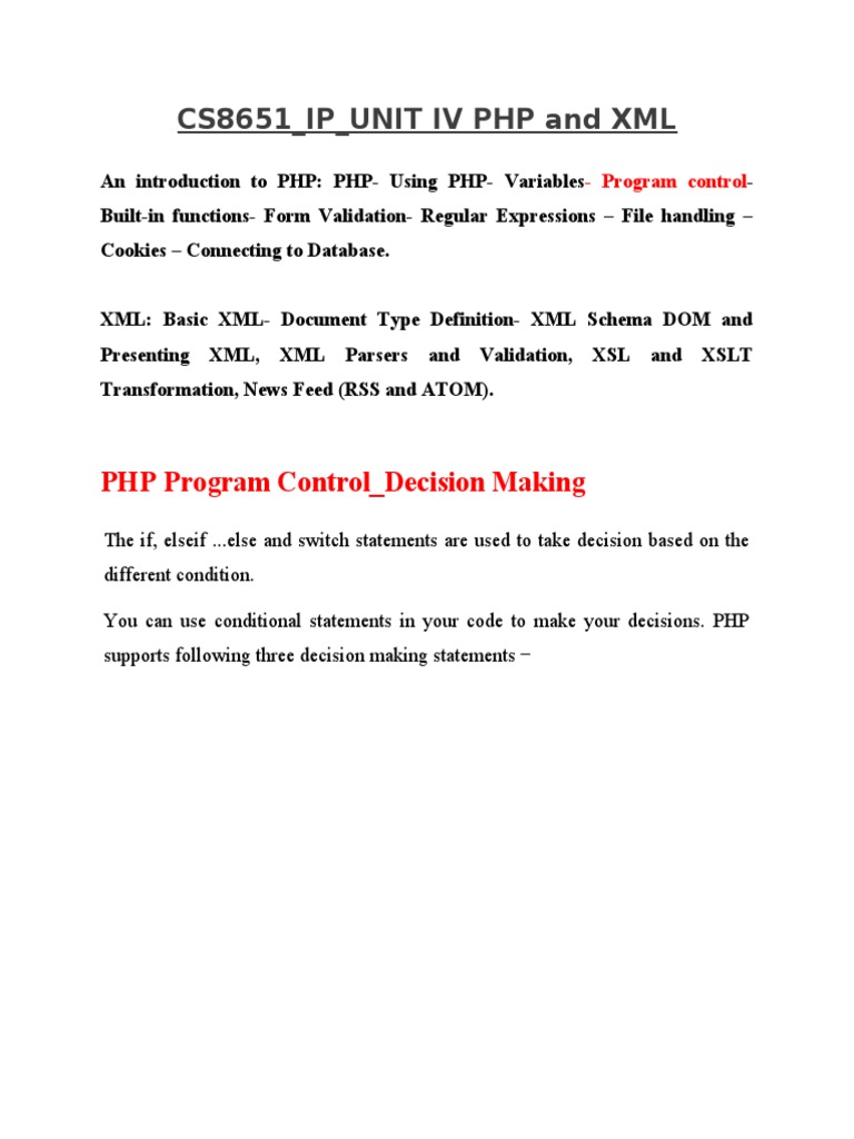 CS8651 - IP - UNIT - IV - 3 - PHP Program Control - Decision Making | PDF | Control Flow | Xml