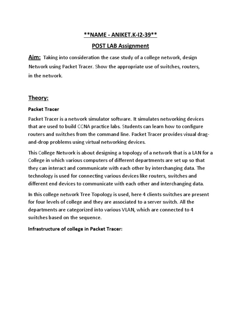 NAME - ANIKET.K-I2-39 POST LAB Assignment Aim:: Packet Tracer | PDF