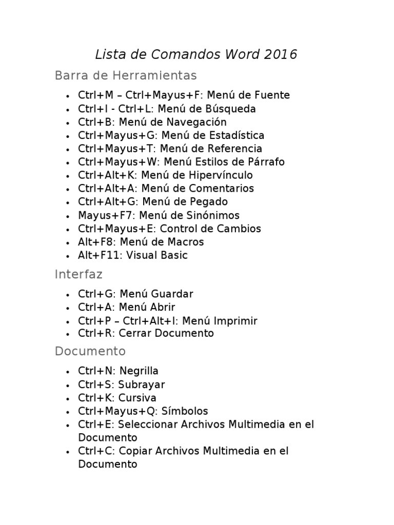 Lista de Comandos Word 2016 | PDF