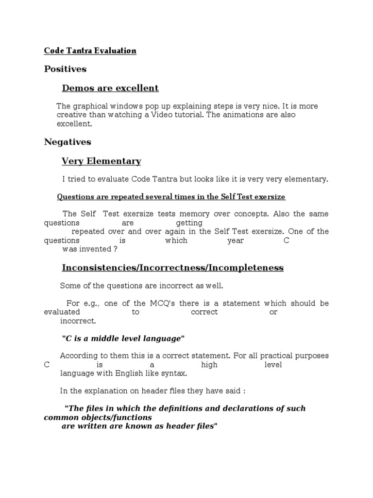 Code Tantra Evaluation Positives Demos Are Excellent: Questions Are ...
