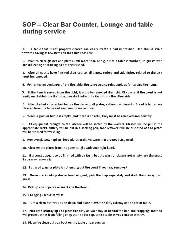 SOP - Clear Bar Counter, Lounge and Table During Service | PDF | Drink ...