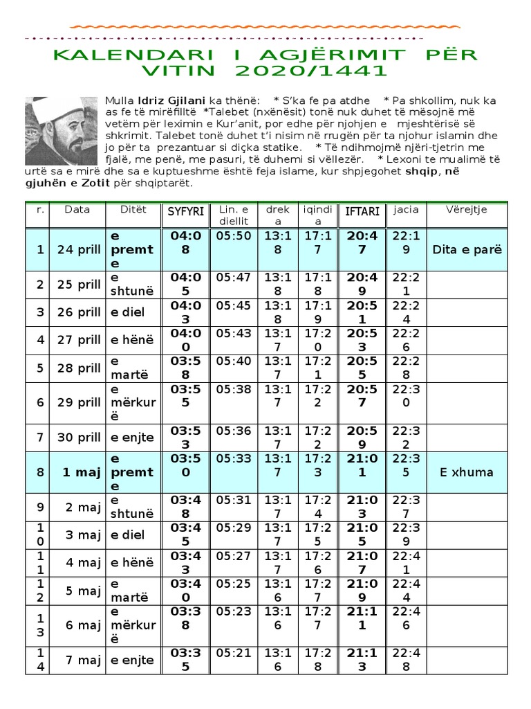 Kalendari I Agjërimit 2020 - Vejle Dhe Qytete Tjera | PDF