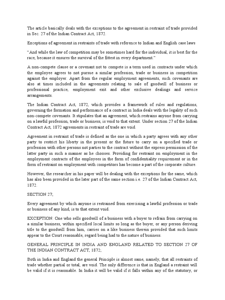 Agreement in Restraint of Trade-Exceptions | PDF | Restraint Of Trade ...