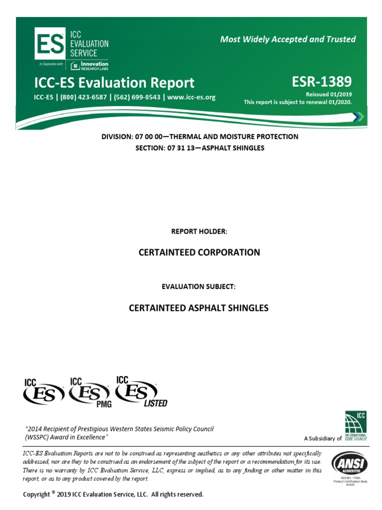 RPG Icc-Es-Esr 1389 | PDF | Roof | Building Engineering