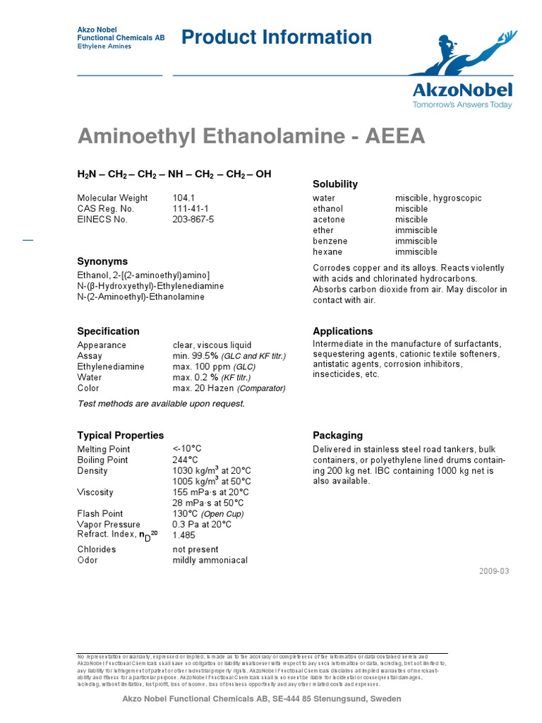 Aminoethyl Ethanolamine - AEEA: Product Information | PDF | Ethanol ...