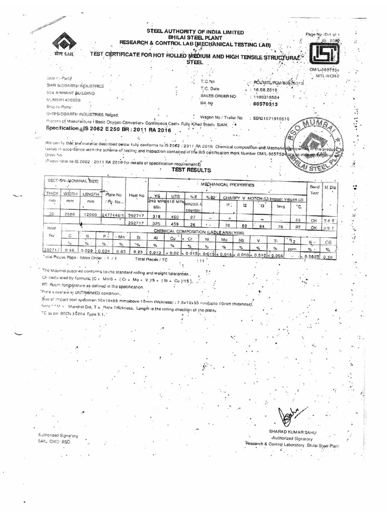 32mm THK Plate - IS 2062 Gr. B & 20mm THK BQ Plate | PDF
