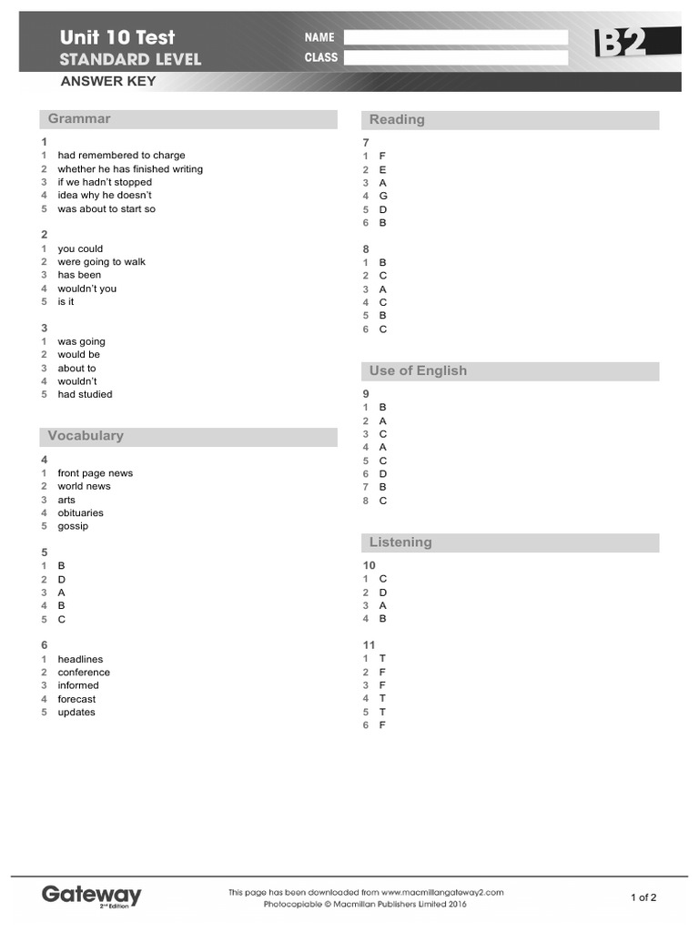 B2 UNIT 10 Test Answer Key Standard | PDF | Communication | Linguistics