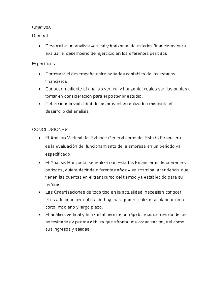 Objetivos y Conclusiones Reporte Analisis Horizontal y Vertical | PDF ...