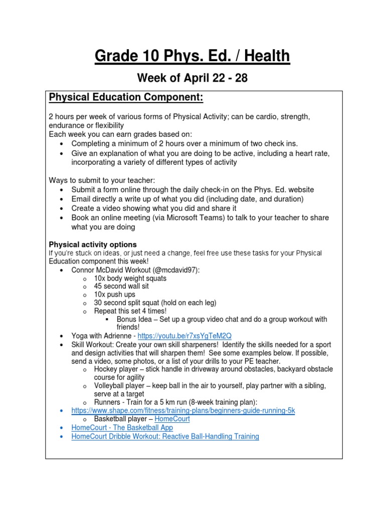 Grade 10 Phys. Ed. Weekly Activities | PDF | Career & Growth | Lifestyle